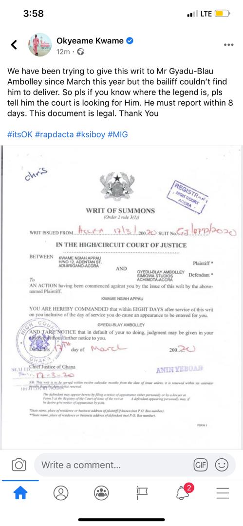 Okyeame Kwame’s Lawyers Chase Gyedu Blay Ambolley - ZionFelix.net